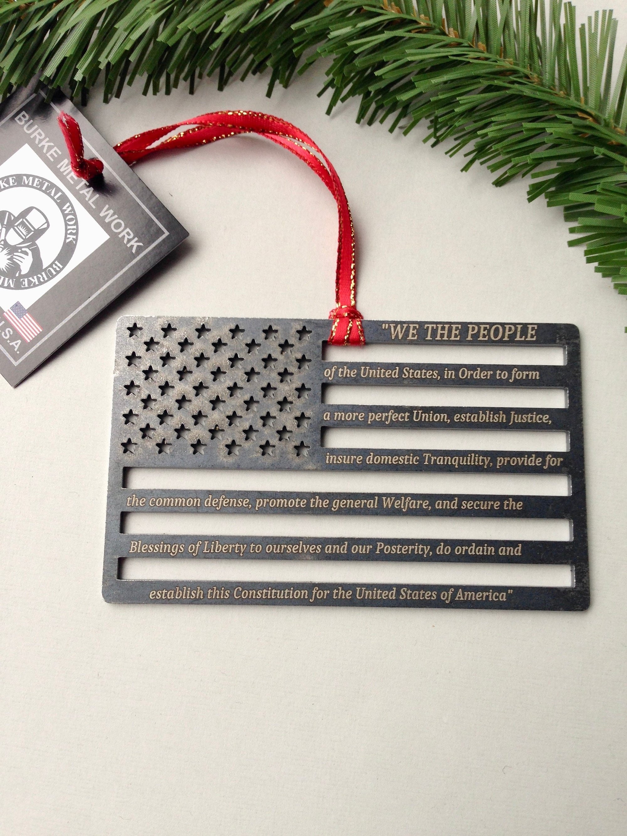 American Flag with Constitution Preamble Metal Ornament – Burke Metal Work