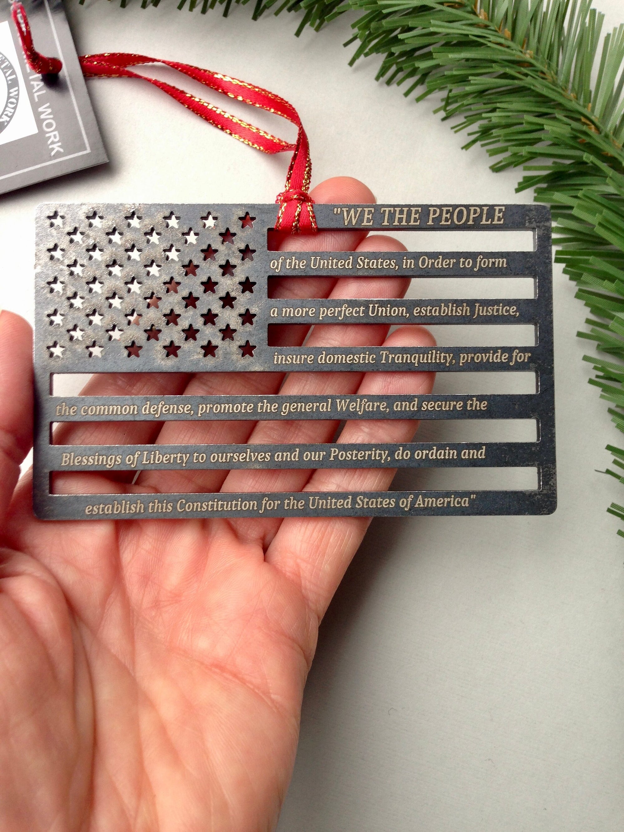 American Flag with Constitution Preamble Metal Ornament – Burke Metal Work